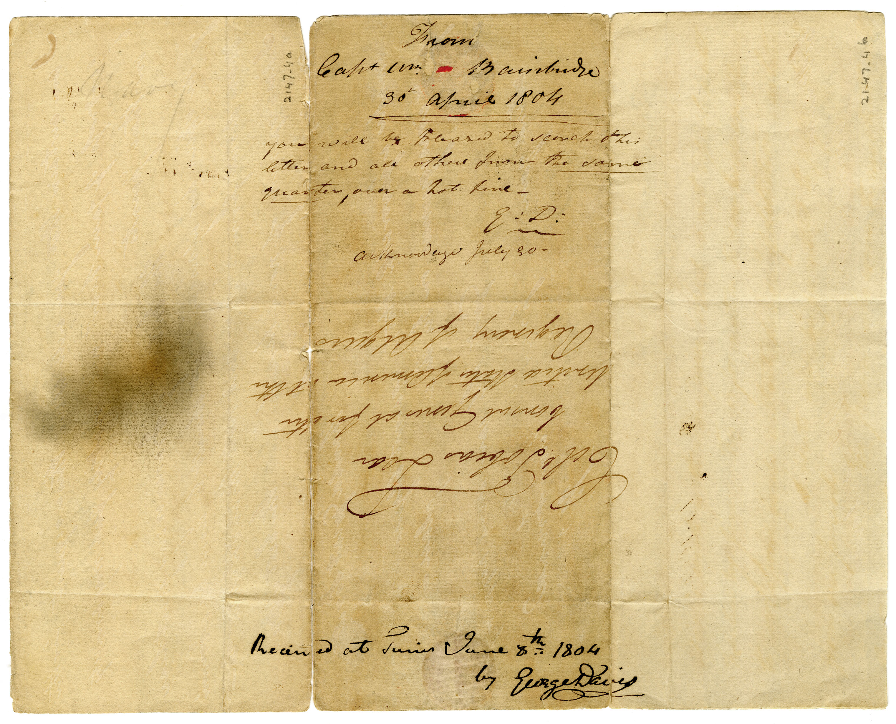 Letter from William Bainbridge to Tobias Lear with Sympathetic Ink ...